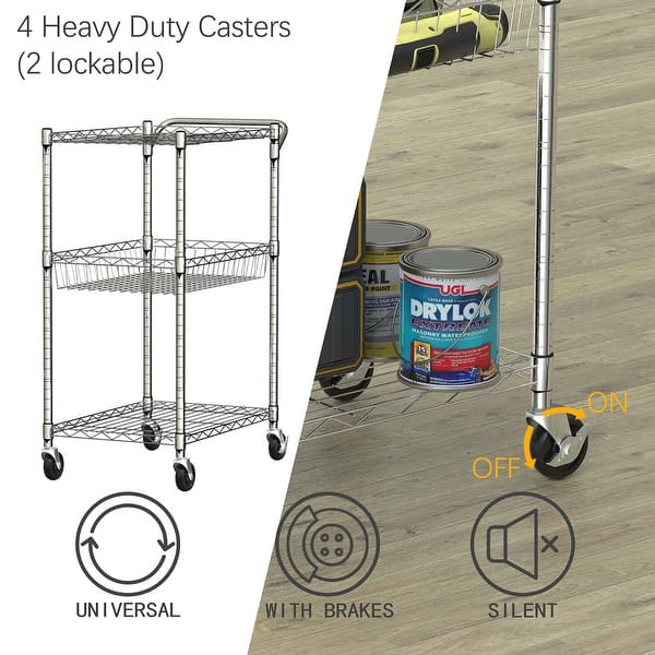 3-Tier Utility Cart Heavy Duty Wire Rolling Cart w/Handle Bar Storage ...