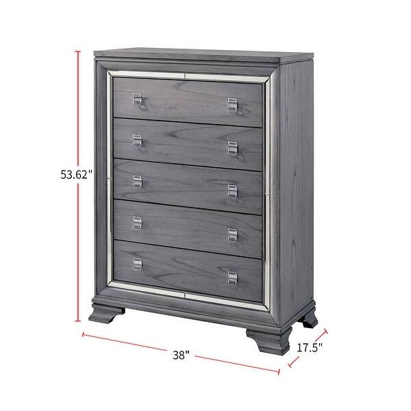 5 Drawers Wooden Chest with Mirror Inserts Design in Light Gray - Bed ...