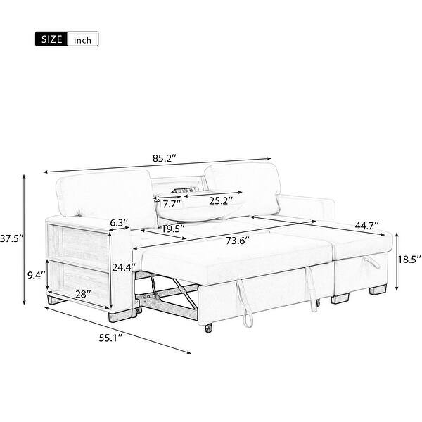 Light Gray Functional Sectional Sofa with Storage Rack & Pull-out Bed ...
