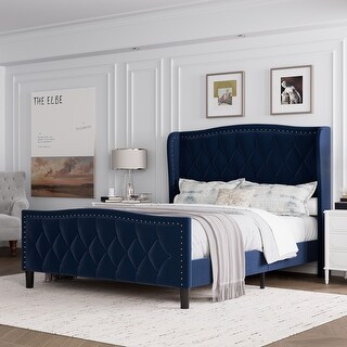 Modern Velvet Full Size Bed Frame with Wingback Headboard, Wood Slat ...
