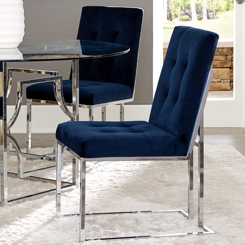 Modern Elegant Button Tufted Blue Velvet and Chrome Dining Chairs (Set ...