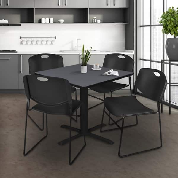 48 in. Square Breakroom Table- Grey & 4 Stack Chairs- Black - Bed Bath ...
