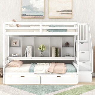 Modern Bunk Bed with Built-in Storage Shelves, Drawers and Staircase ...