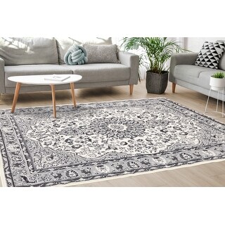 Florence Collection - Cream/Grey Traditional Border Rug - 4'7" x 6'7 ...