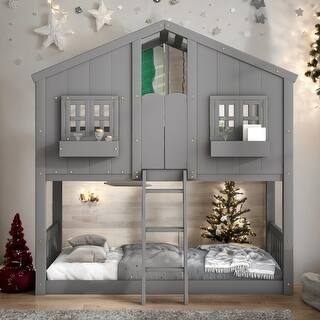 Twin over Twin House Bunk Bed with Roof , Window, Window Box, Door ...