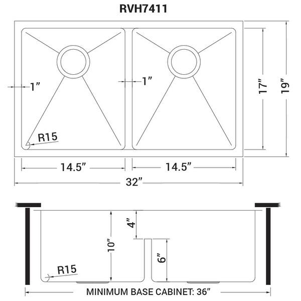 Ruvati 32-inch Low-Divide Undermount Tight Radius 50/50 Double Bowl 16 ...