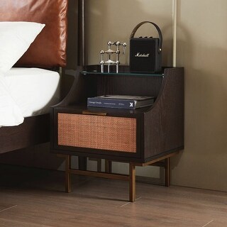 Mid-century Modern Nightstand，Woven Rattan Drawer Nightstand with Glass ...