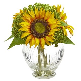 Sunflower Artificial Arrangement in Ribbed Glass Vase - 10" - Bed Bath ...
