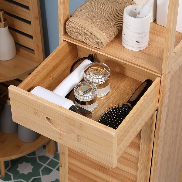 kleankin Tall Bathroom Cabinet with Drawer and Slatted Shelves Slim Bamboo Linen Tower with Louvered Door On Sale Bed Bath Beyond 36680857