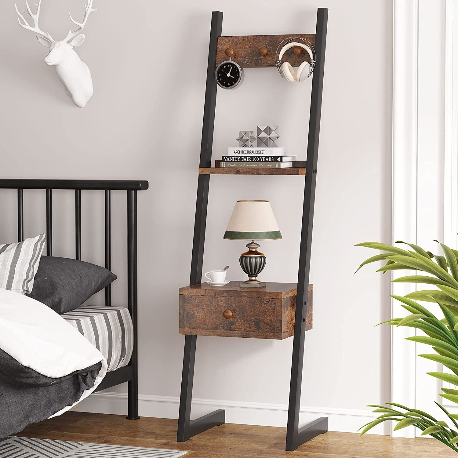 Nightstand Retro Tall Bedside Table with 3 Hooks and Shelf 3 in 1 Narrow Side Tables Bed Bath Beyond 34747942