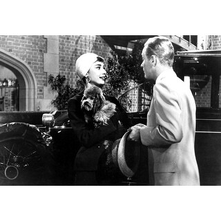 Film still of Audrey Hepburn carrying a dog and William Holden in ...