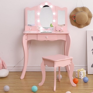 Girls Vanity Table with Tri-Folding Mirror, Light,Stool & Drawer - Bed ...
