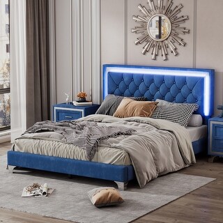 Blue Queen Size Modern Velvet Upholstered Bed Frame with LED Accent ...