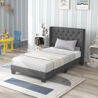 Twin Bed Frame with Button Tufted Headboard, Modern Fabric Upholstered ...