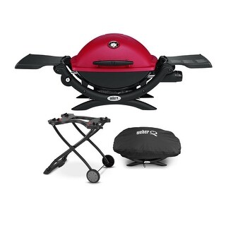 Weber Q 1200 Liquid Propane Gas Grill (Red) w/ Grilling Cart Bundle ...