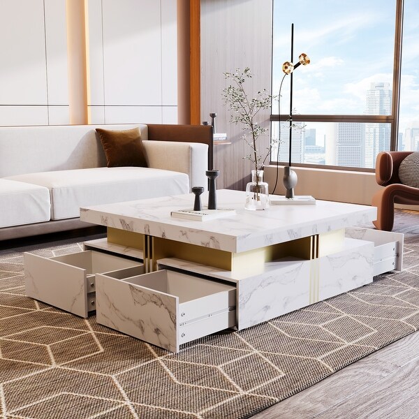 Modern Luxury Square Storage Coffee Table with 4 Drawers Marble Pattern Top Cocktail Table Unique Design Center Table