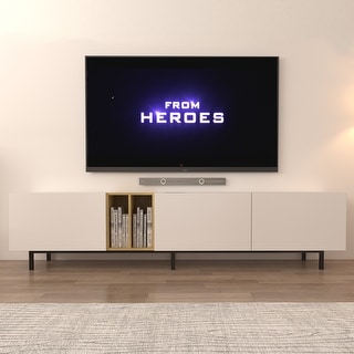 Ivory TV Stand TV Console Table Build-in Socket with Storage Cabinets ...