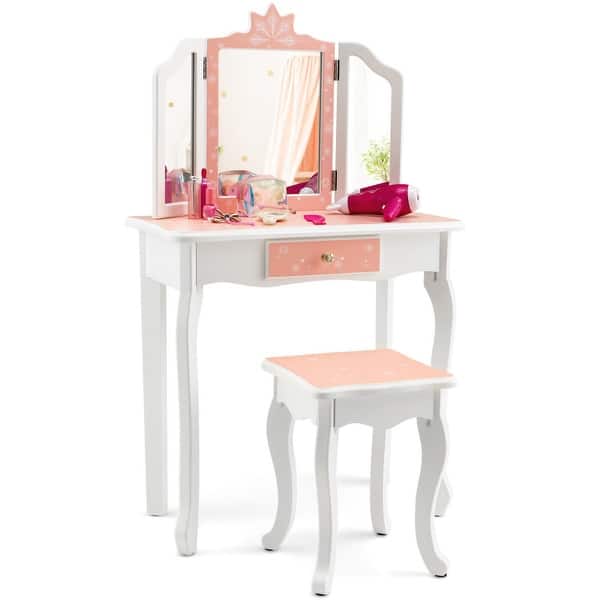 Princess Vanity Table and Chair Set with Tri-Folding Mirror and ...