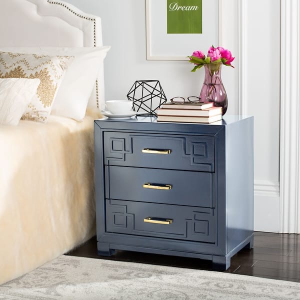 SAFAVIEH Raina Three Drawer Greek Key Navy / Navy Night Stand - Bed ...