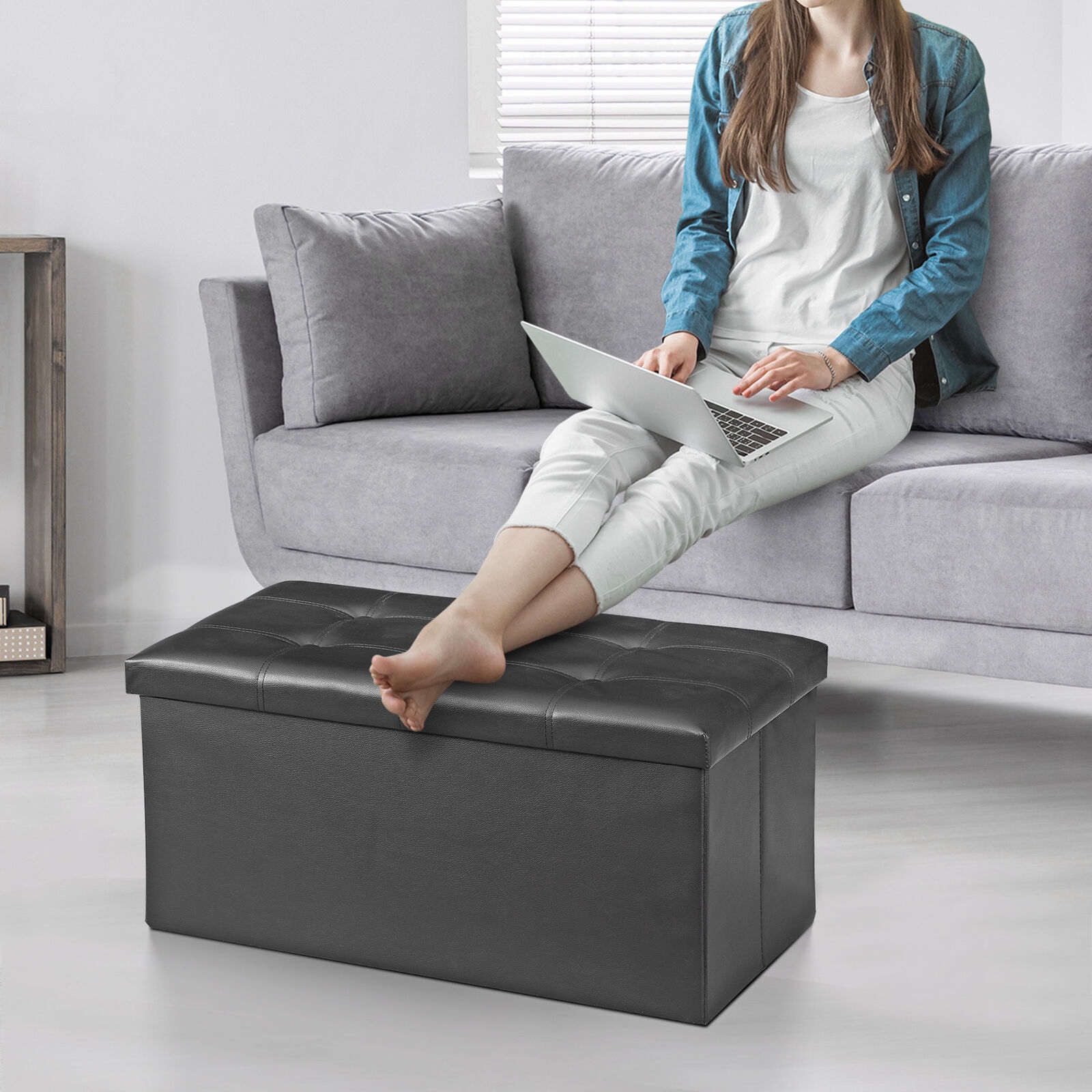 30 Folding Faux Leather Ottoman Bench Black Bed Bath Beyond 39392087
