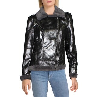 Tommy Hilfiger Women's Faux Shearling Metallic Moto Jacket Black Size ...