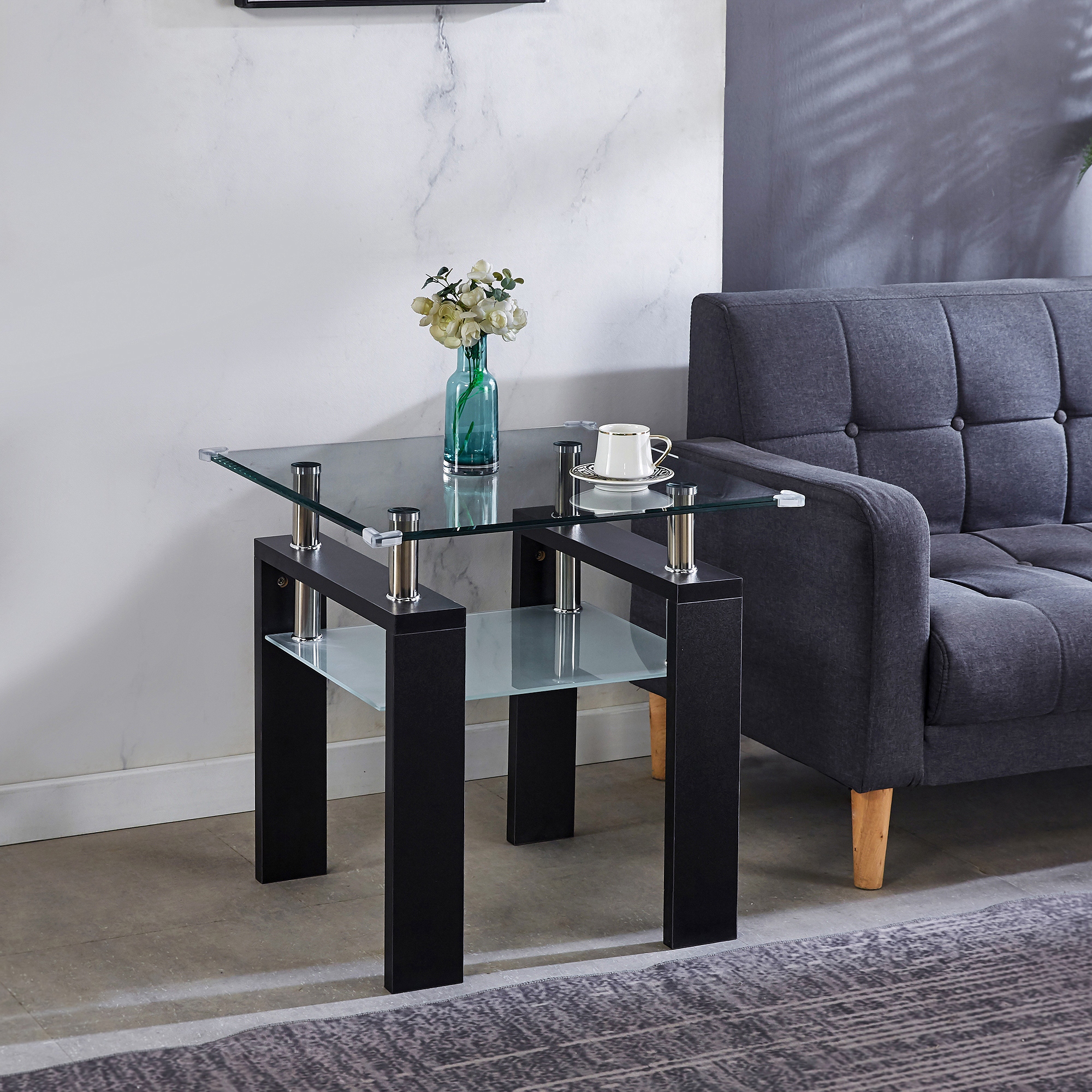 Clear Glass Top Side Table 24x24x24 End Table Modern Design For Home