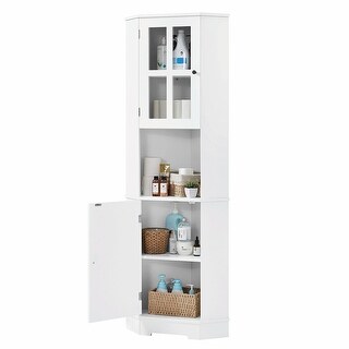 Tall Corner Bathroom Storage Cabinet with Glass Door and Adjustable ...