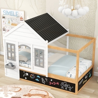 Twin Size Shaped Canopy Bed w/Roof & Window, Blackboard & Little Shelf ...