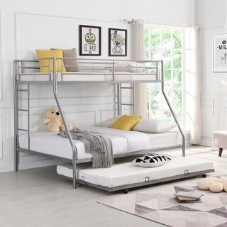Twin Over Full Metal Bunk Bed Trundle Heavy Duty Metal Bedroom Silver ...