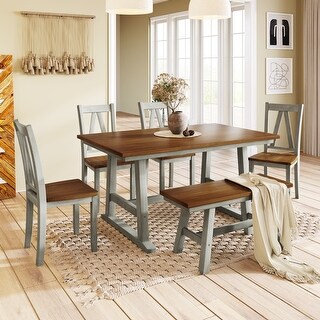 Gray 6-Piece Wood Dining Table Set with Long Bench and Chairs - Bed ...