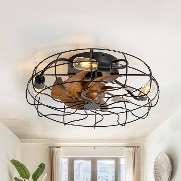19-in Black Enclosed Indoor Flush Mount Cage Ceiling Fan with Light and ...