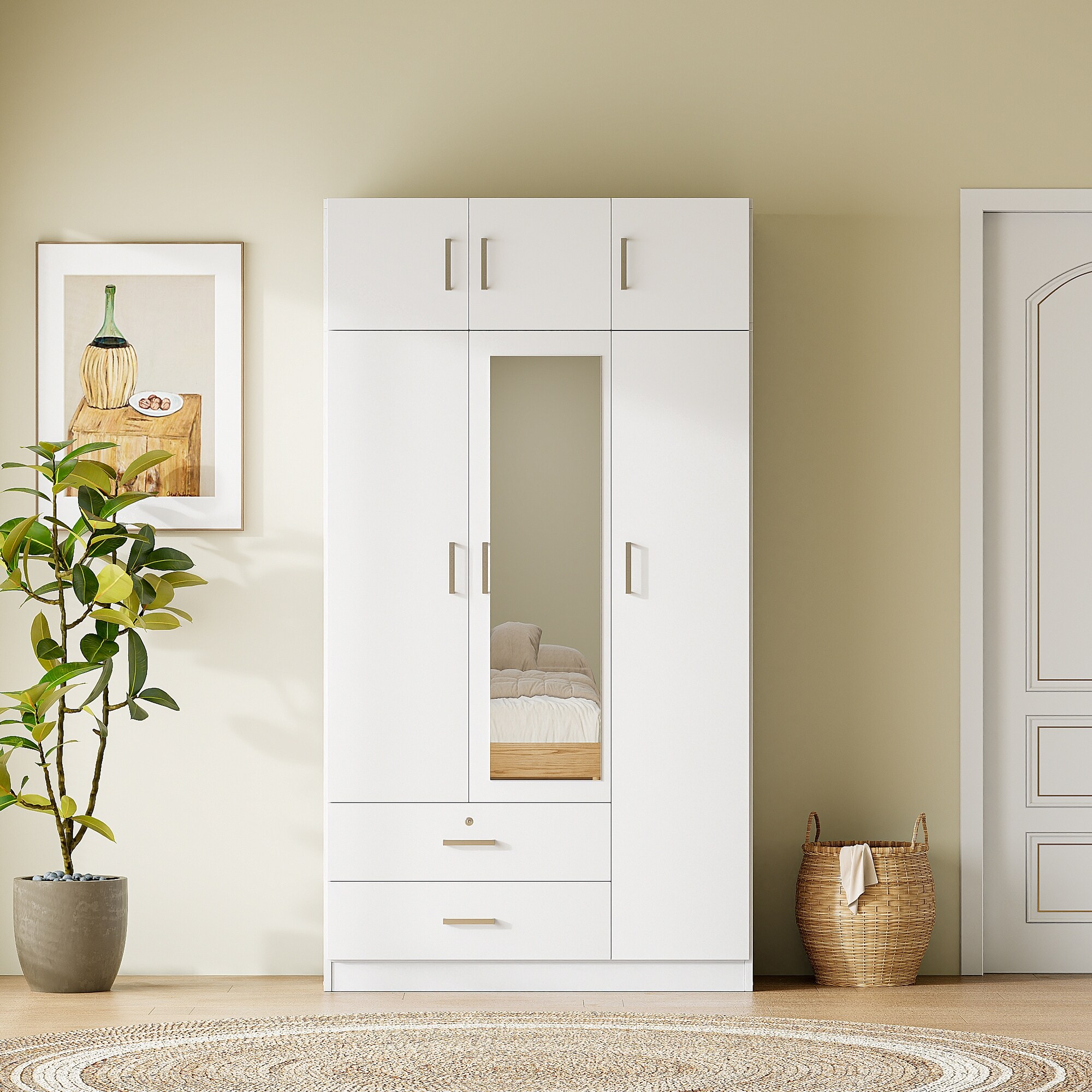 3 Door 2 Drawer Mirror Wardrobe Closet with Top Cabinet Hanging Rail and Storage Shelves Bedroom Armoire Clothes Storage Bed Bath Beyond 42398292