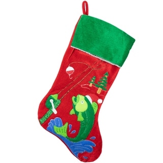 19.5" Red Velveteen Fishing Themed Christmas Stocking with Green Cuff ...