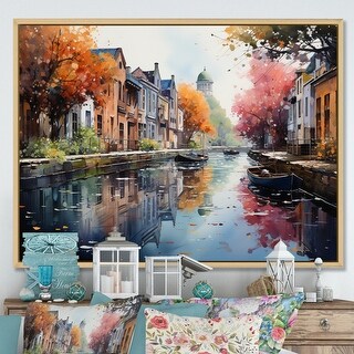 Designart "Pink Canal Vibrant Waterways Pointillism" Canals Framed Wall ...