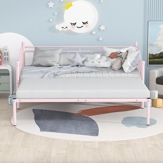 Twin Metal Daybed w/Trundle, Extendable Sofa Bed w/Slats Support, Pink ...