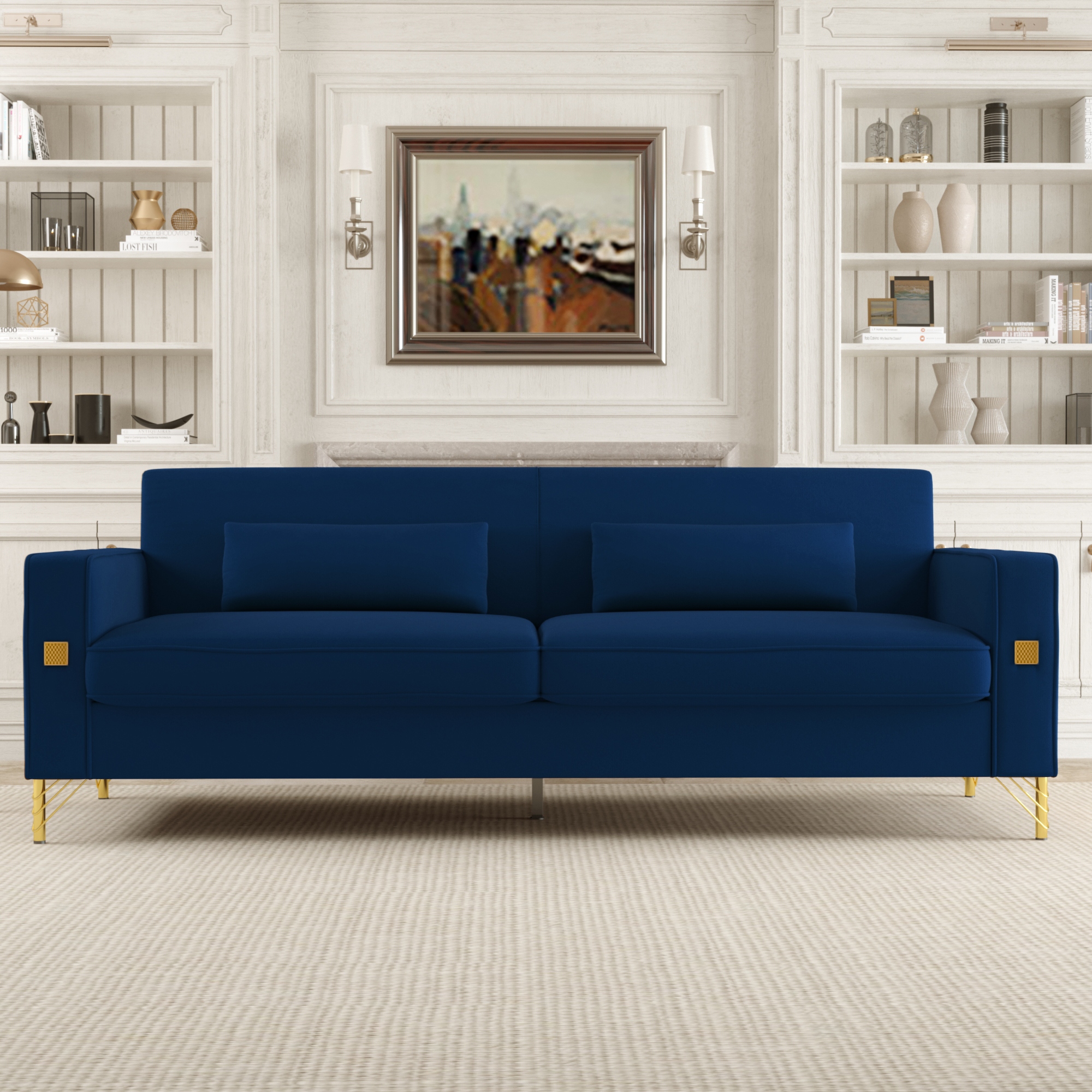 Retro Blue 85.63 Velvet 3 Seater Sofa with Gold Accents
