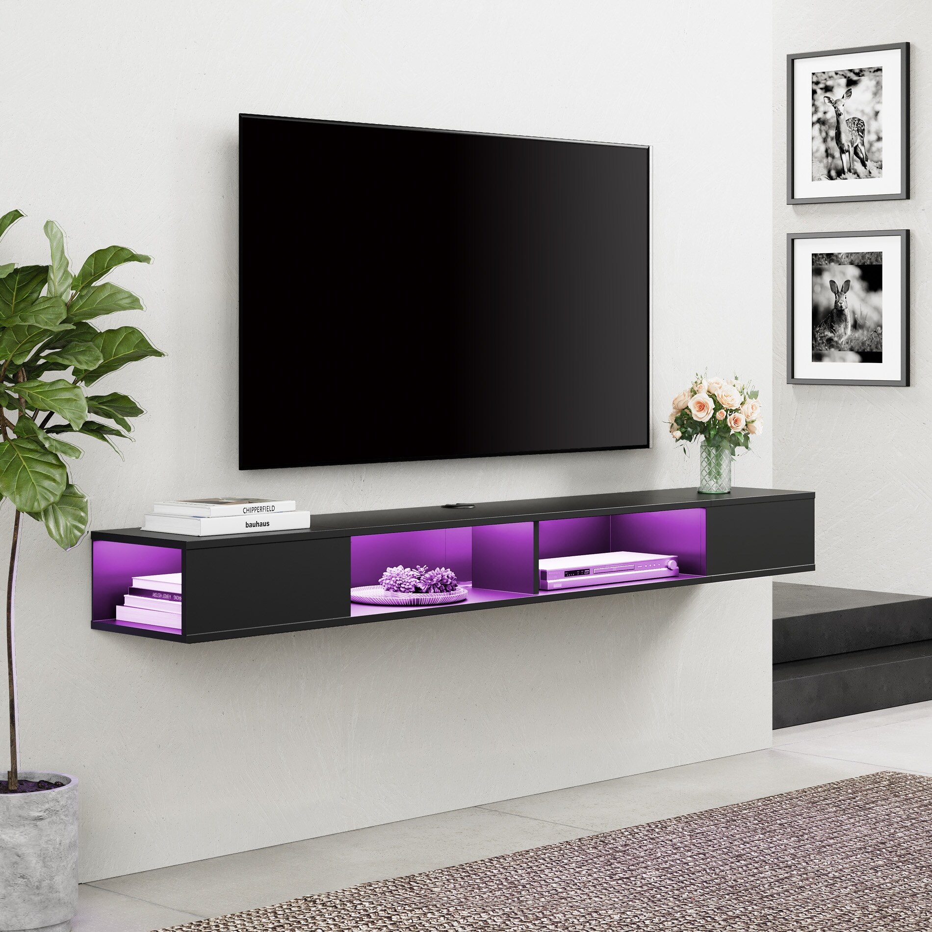 70 inch Floating TV Stand with LED Lights for Storage Black On Sale Bed Bath Beyond 37826900