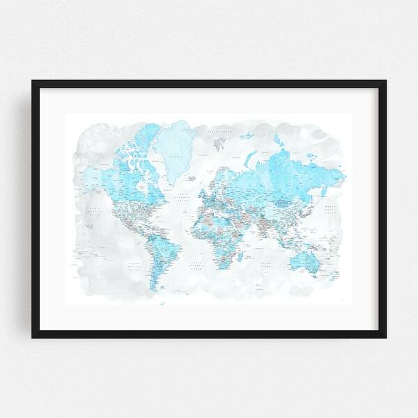 Blue detailed world map with watercolor wash Maps Art Print/Poster ...