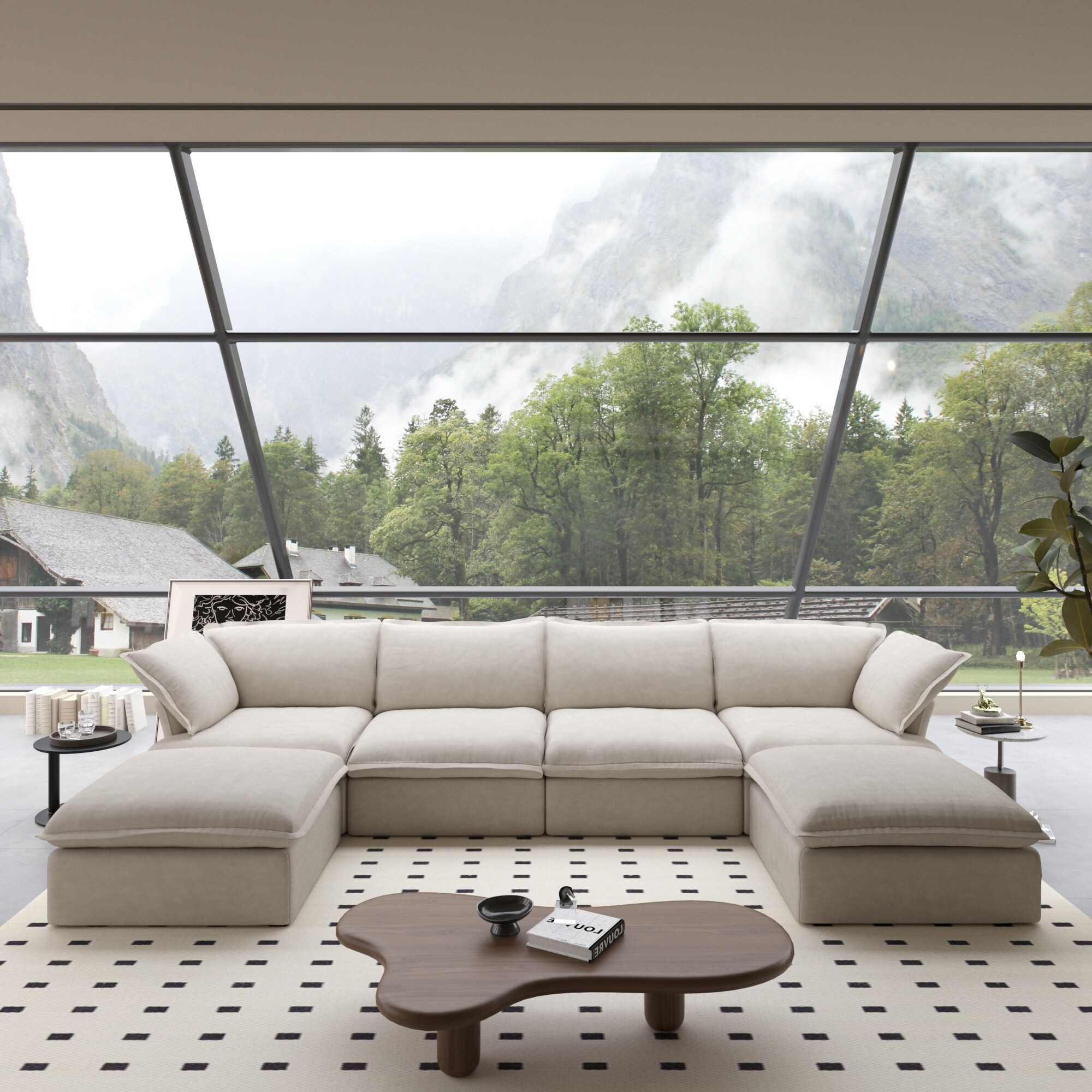 U Shape Couches for Living Room 6 Seat Convertible Sectional Sofa With Ottoman