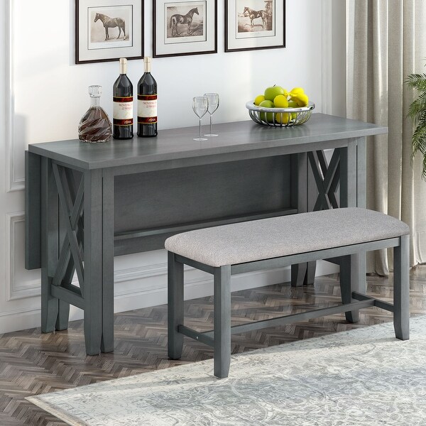 6 Piece Family Dining Room Set Solid Wood Space Saving Foldable Table and 4 Chairs with Bench Grey