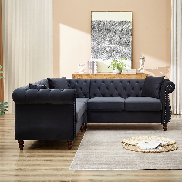 Luxury 83.5 L Shaped Sectional Couch Oversized Corner Sofa 5 Seater Velvet Corner Sofas w Pillows Nailhead for Living Room Bed Bath Beyond 39968121
