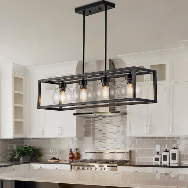 Starsky 4-Light 33in Modern Farmhouse Linear Chandelier Wooden Rectangle Kitchen Island Light ...