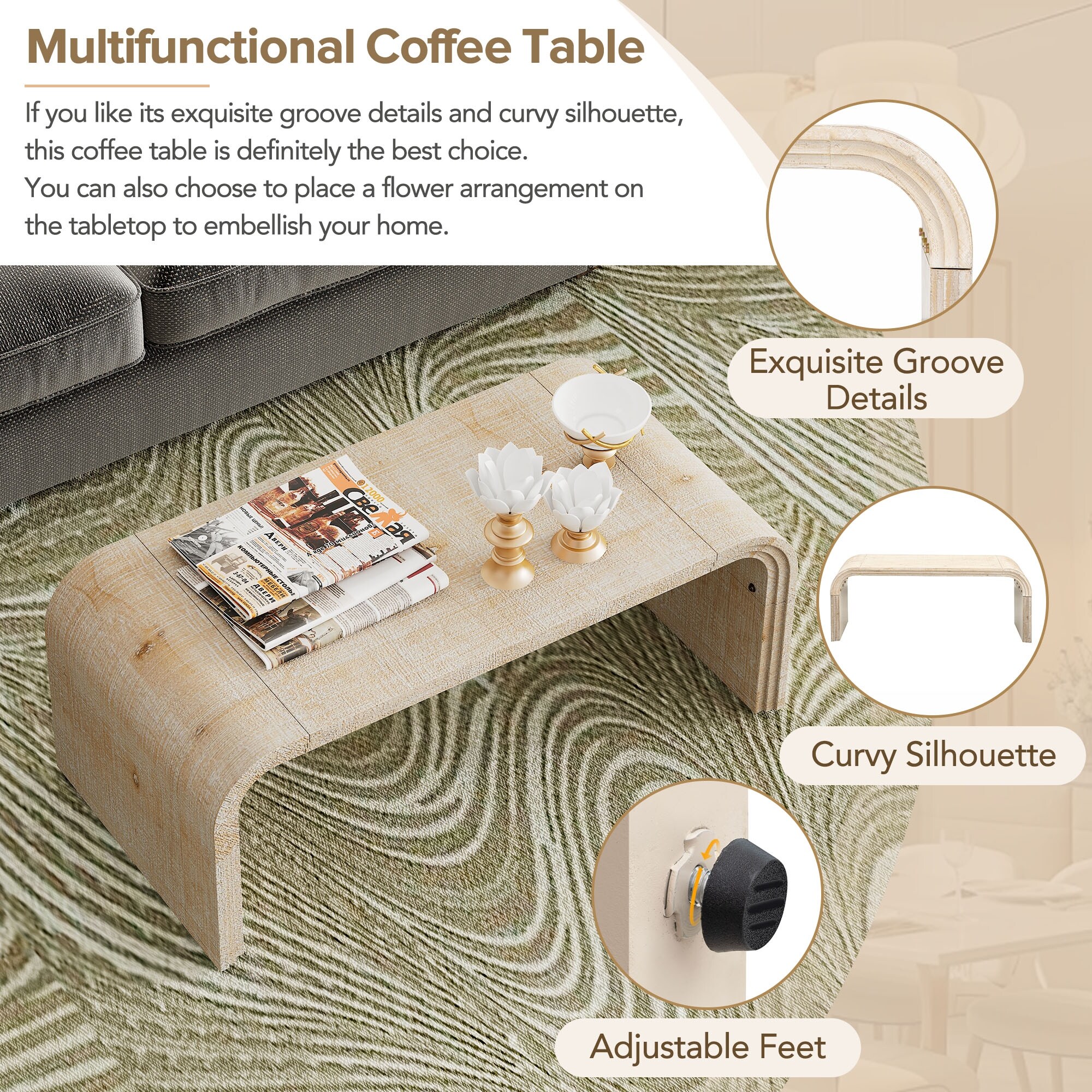 GREATPLANINC Curved Design Coffee Table End Table Center Table Side Table Display Coffee Table for Living Dining Room Natural Wood Wash