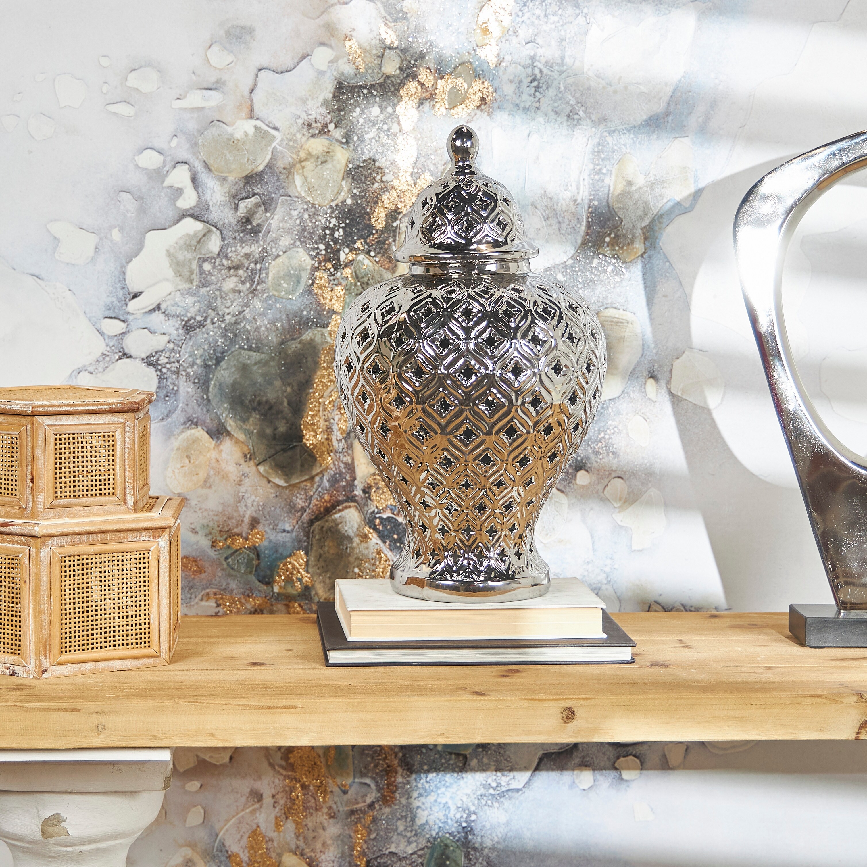 Gold Ceramic Decorative Jars with Geometric Cutout Design and Lid - On ...