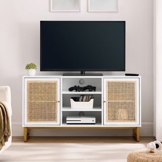 47 Inch Mid Century Modern White TV Stand with Adjustable Shelf, Rattan ...