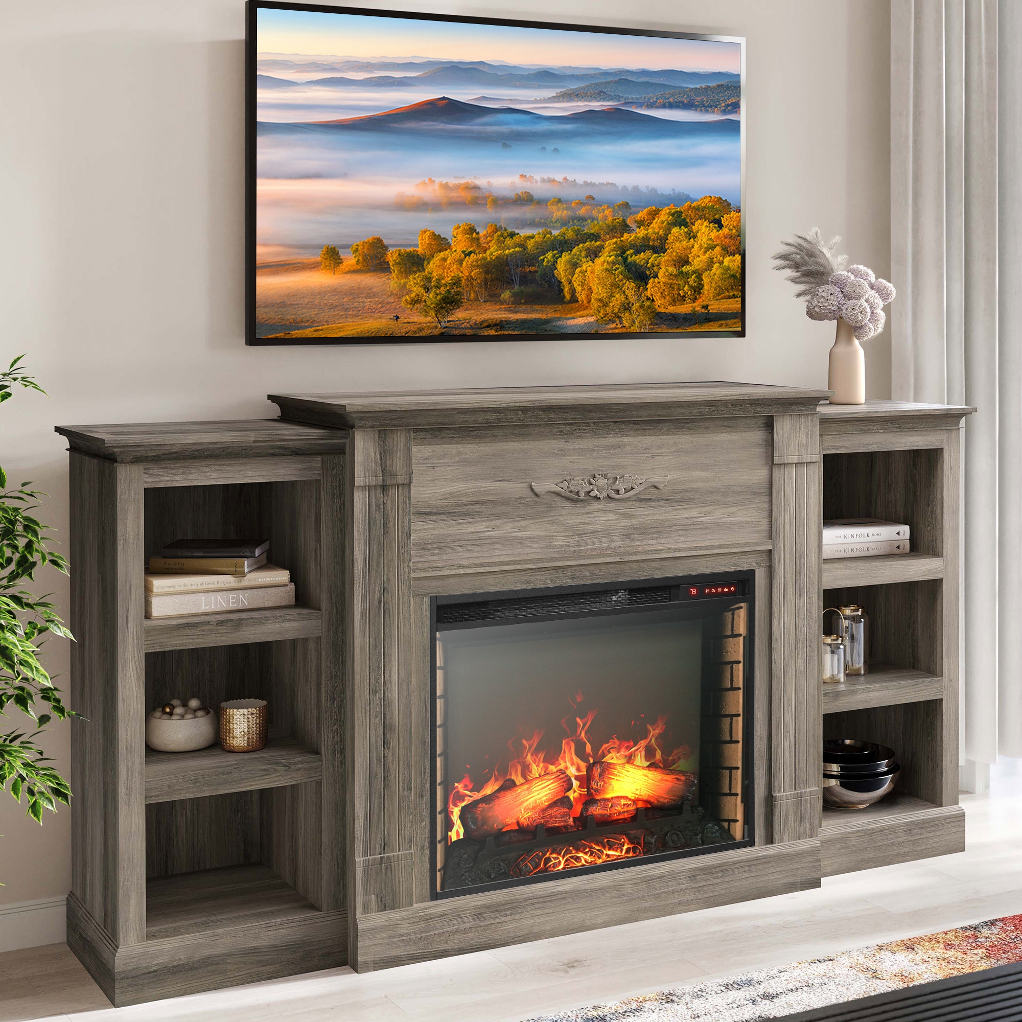 BELLEZE Home TV Stand w 28 Fireplace Bookshelves Storage Grey On Sale Bed Bath Beyond 26880734