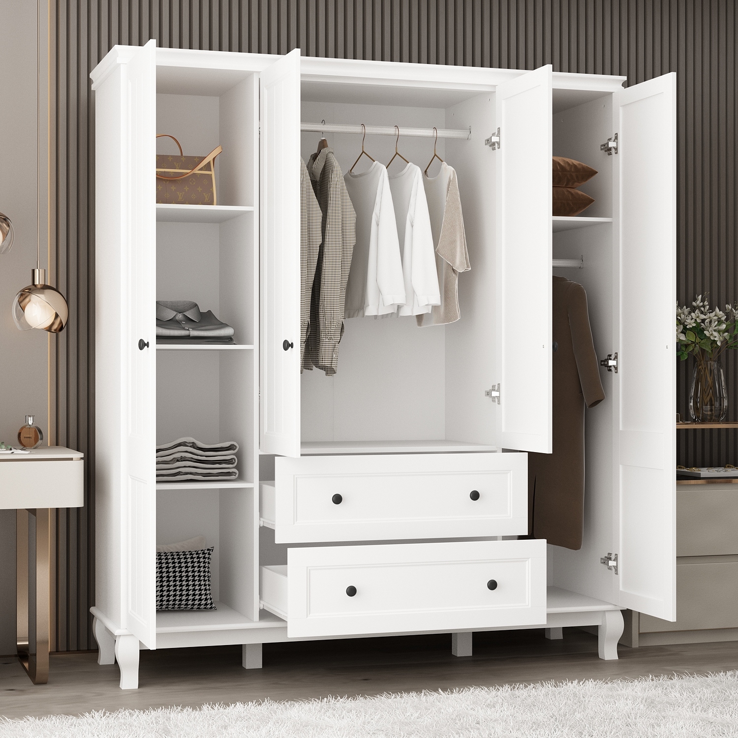 Timechee 63 Wardrobe ARMOIRES White 4 Doors 2 Drawers Lacquer