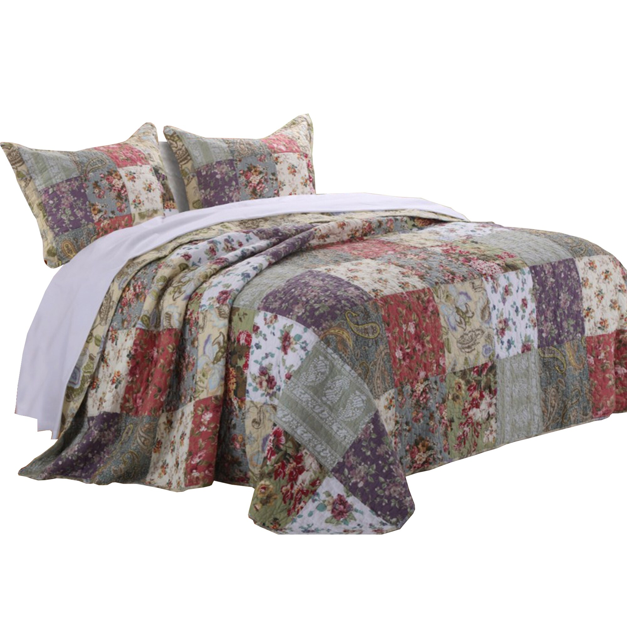 Kamet 3 Piece Fabric Queen Size Bedspread Set with Floral Prints ...