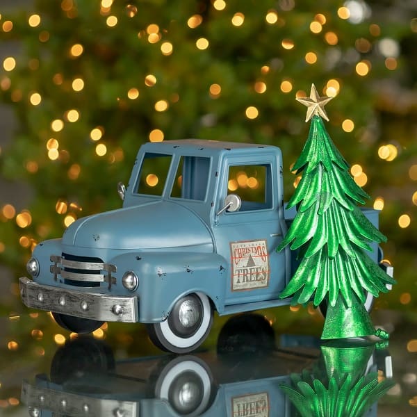 Iron Christmas Old Style TRUCK with Tree in Antique Blue - 21X9X9.25 ...