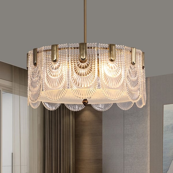 20 in. Gold Modern Drum Chandelier 5-Light Glass Low Profile Pendant ...